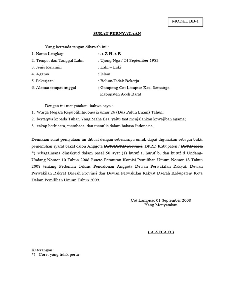 SURAT Pernyataan CALEG Azhar | PDF