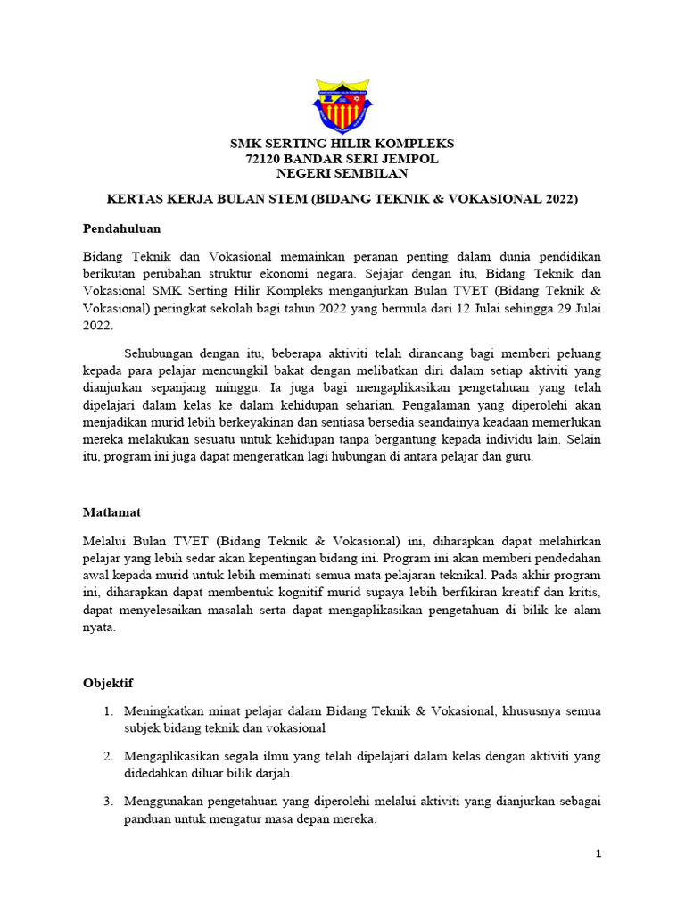 Kertas Kerja Minggu Teknik Dan Vokasional 2022 | PDF