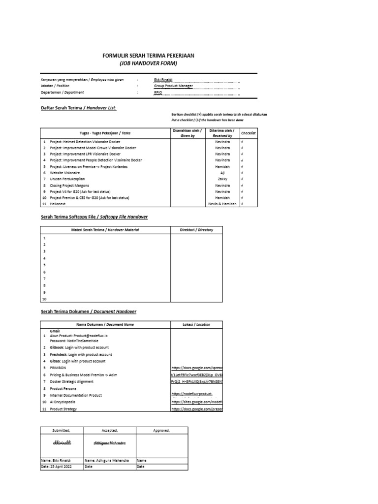 Formulir Serah Terima Pekerjaan Xlsx Sheet1 Pdf