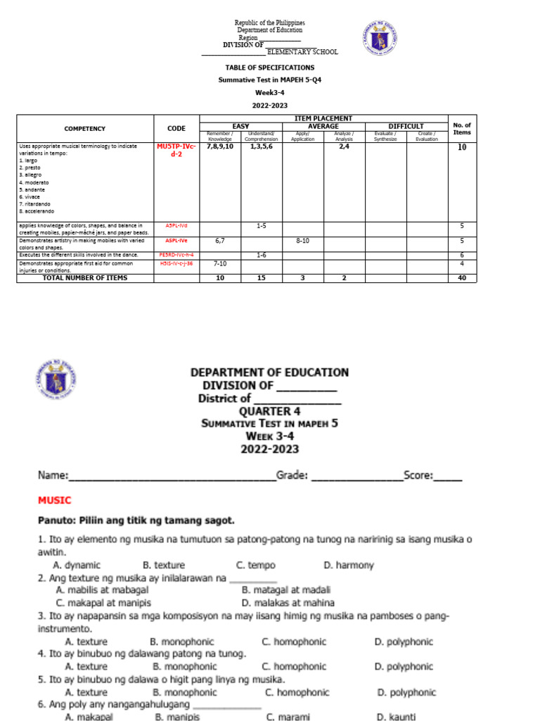 ST2 - Mapeh 5 - Q4 | PDF