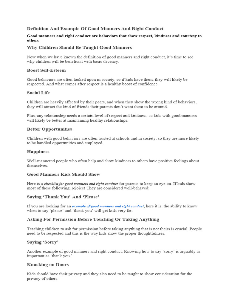 Definition and Example of Good Manners and Right Conduct | PDF ...