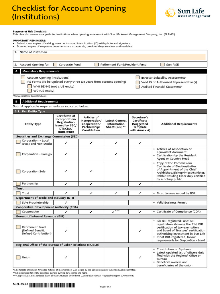 Checklist For Account Opening (Institutions) | PDF | Corporations | U.S ...