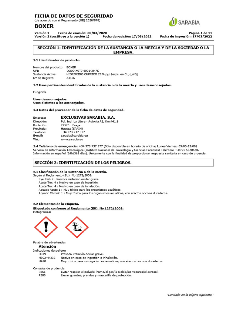 Fds Boxer-Espanol - CLP - 878 - 2022 - 0 | PDF | Agua | Toxicidad