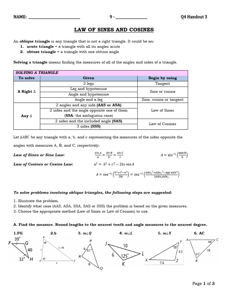 Q4 HO - 3 Law of Sines and Cosines | PDF | Triangle | Trigonometric ...