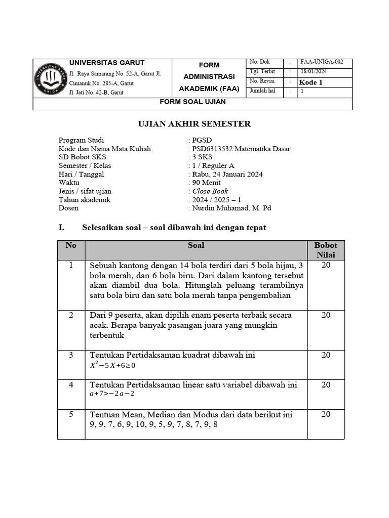 Soal UAS - PGSD - A - MTK Dasar - Sem1 - A | PDF