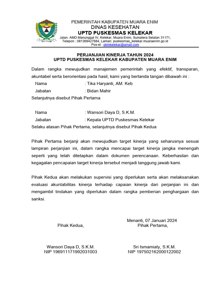 Tika H Perjanjian Kinerja Tahun 2024 | PDF