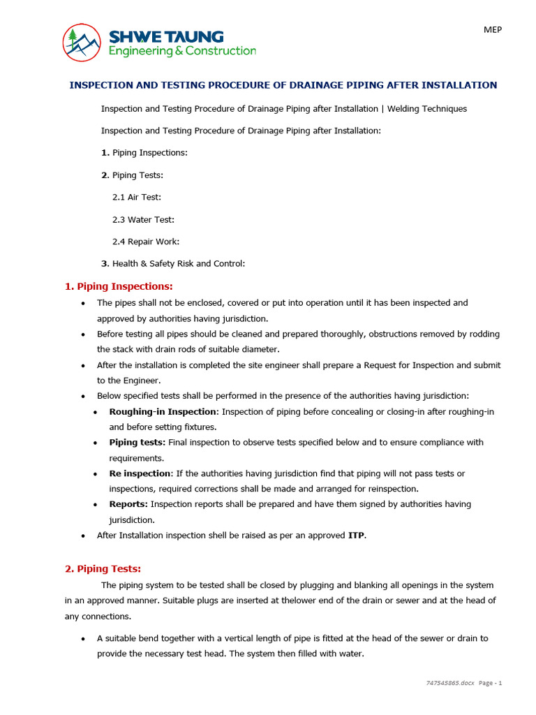 Drainage Piping Inspection & Testing Guide | PDF | Pipe (Fluid ...