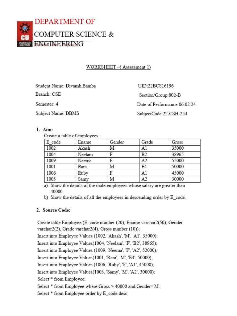DBMS Worksheet for CSE Students | PDF