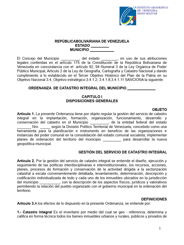 MODELO DE ORDENANZA SERVICIO CATASTRO INTEGRAL | PDF | Venezuela | Alcalde