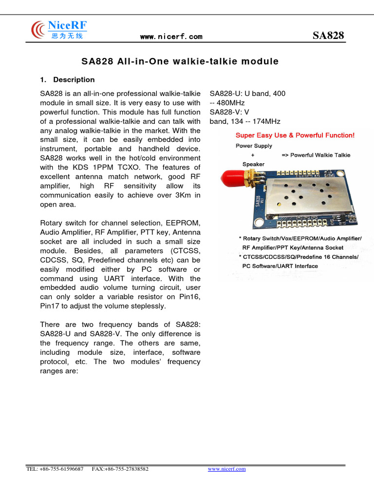 SA828 Walkie Talkie Module Datasheet | PDF | Telecommunications | Electronic Circuits
