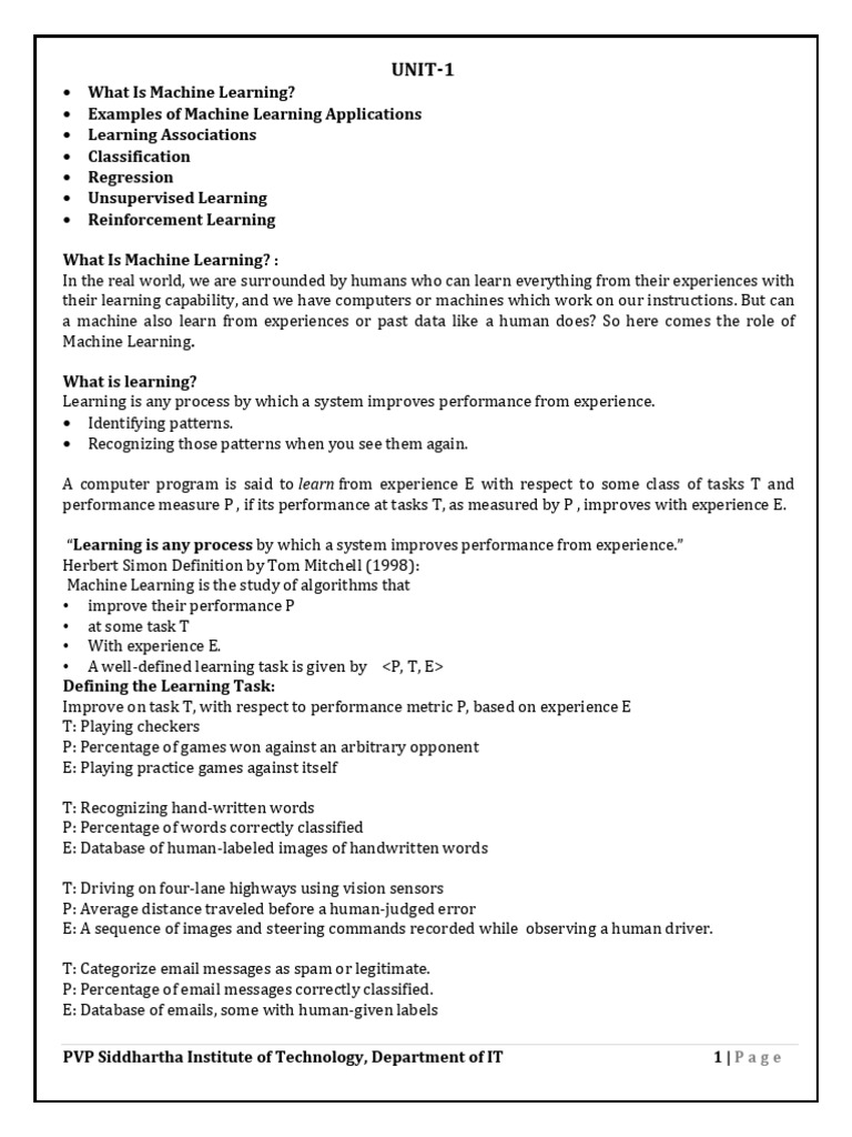 ML Unit 1 | PDF | Machine Learning | Artificial Intelligence