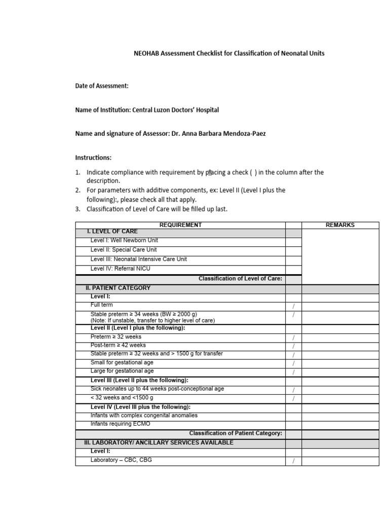 Neonatal Unit Assessment Checklist | PDF | Neonatal Intensive Care Unit ...