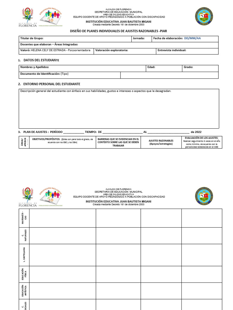 Formato_PIAR | PDF | Educación de la primera infancia | Maestros