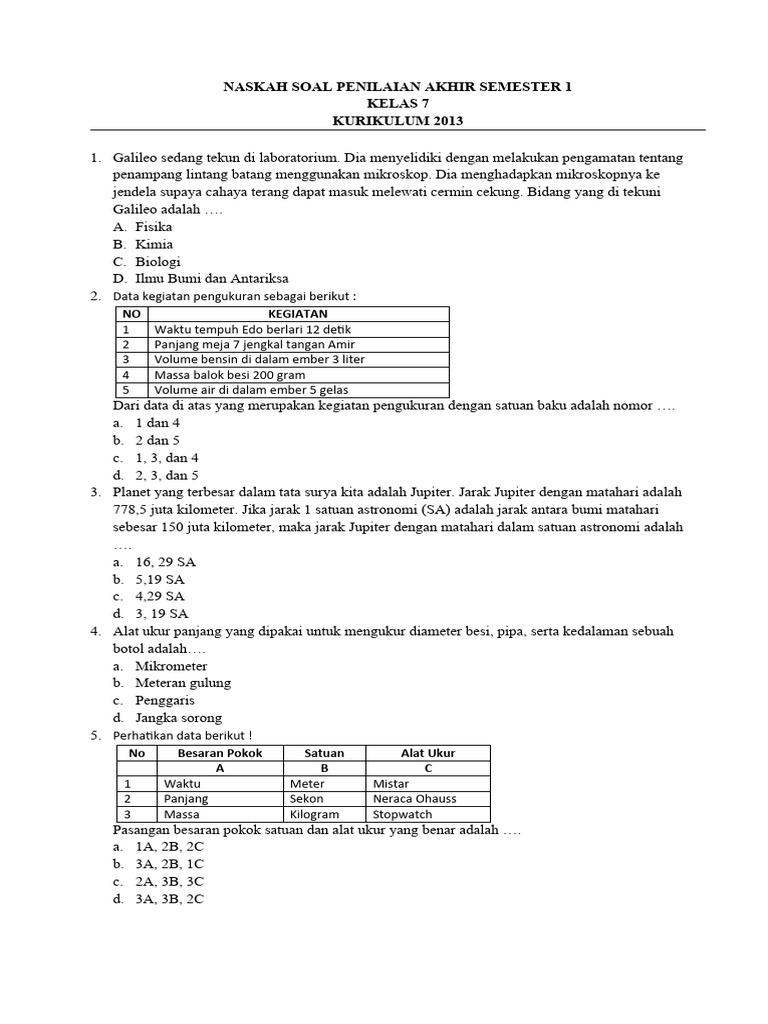 Naskah Soal Ipa Kelas 7 K2013 | PDF