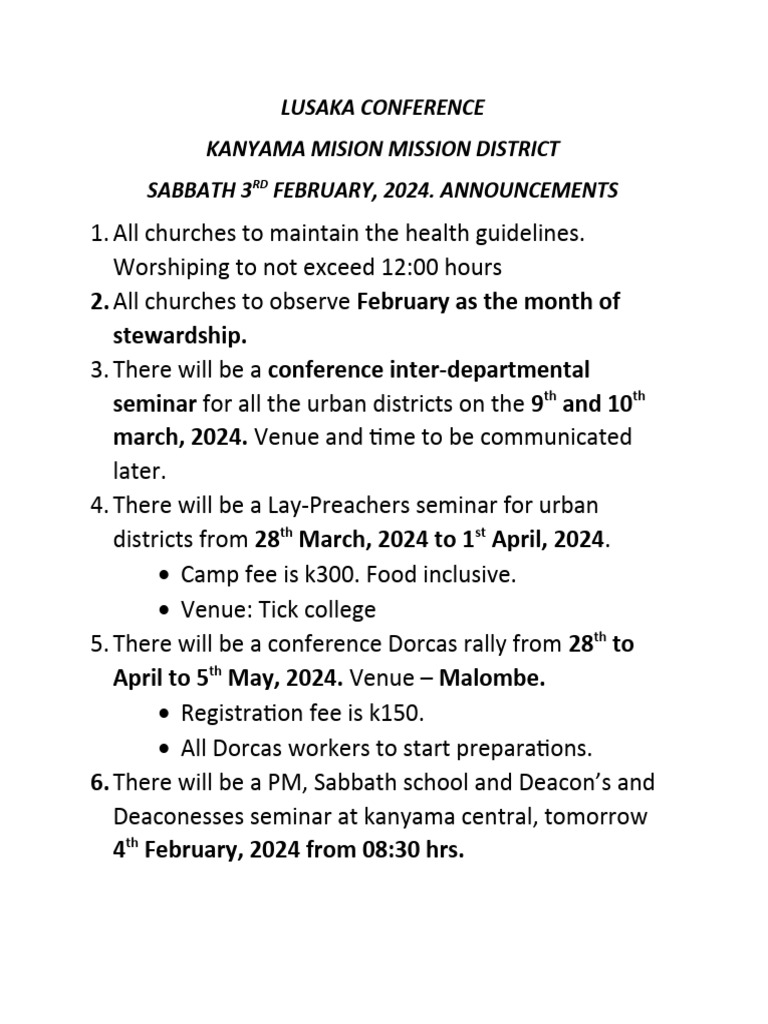 Kanyama Mission District Announcements | PDF