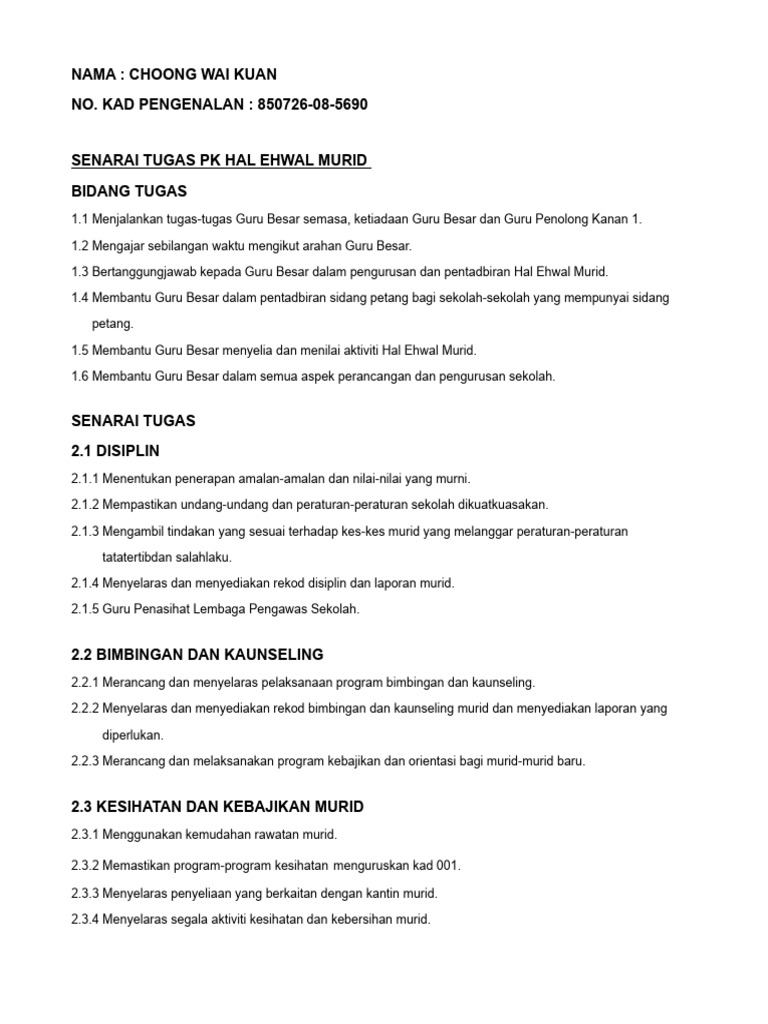 Senarai Tugas Pk Hem | PDF