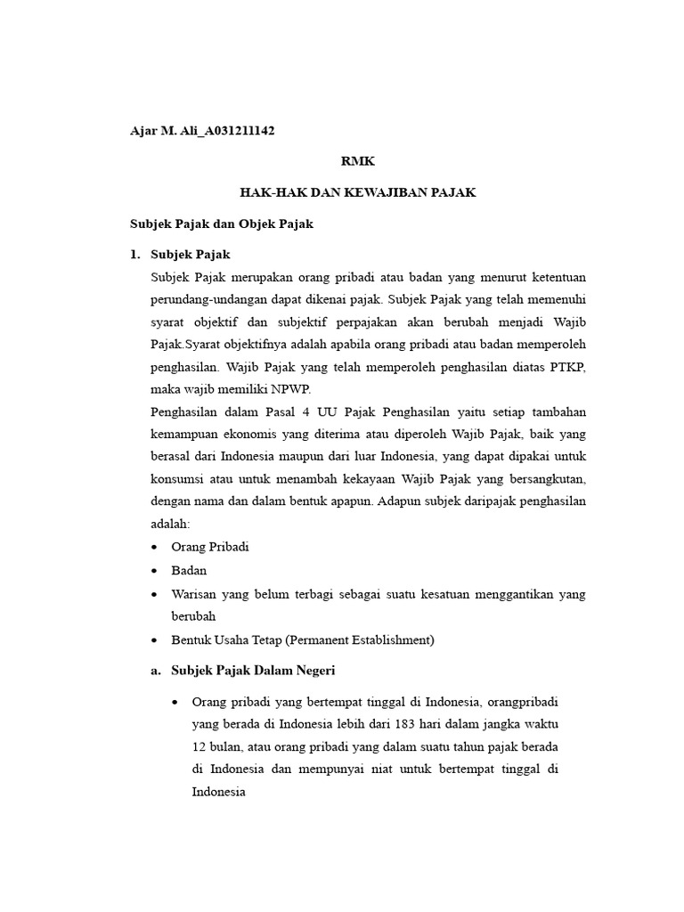 RMK 1 Perpajakan - Ajar M. Ali (A031211142) | PDF