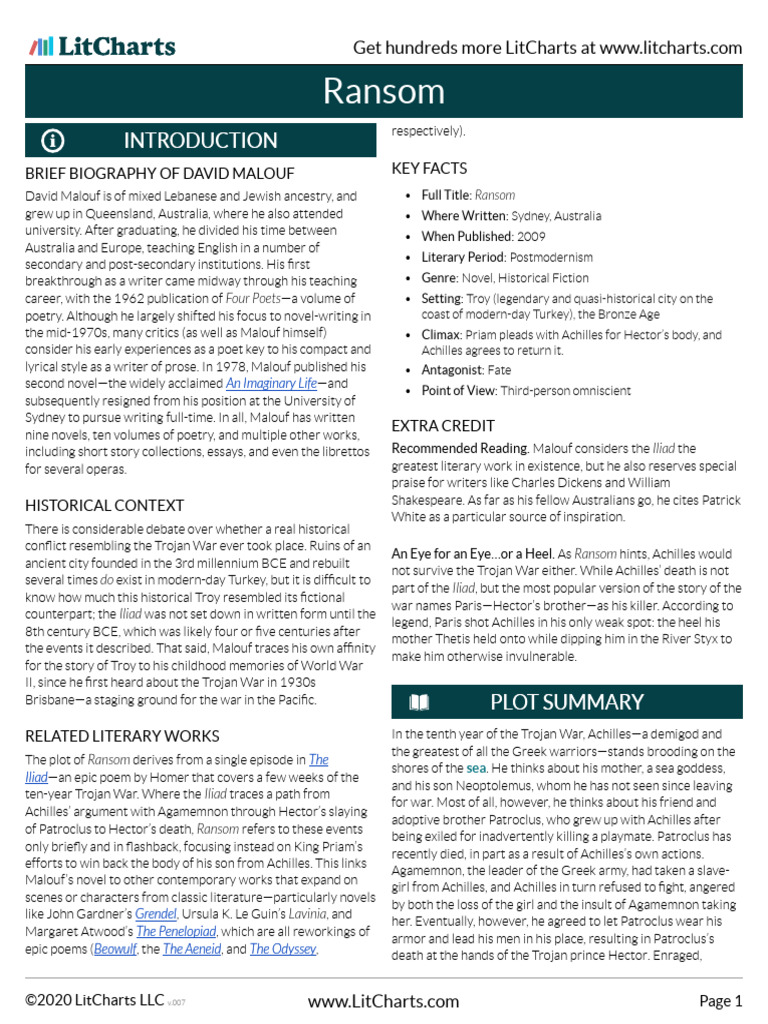 Ransom LitChart | PDF | Hector | Achilles