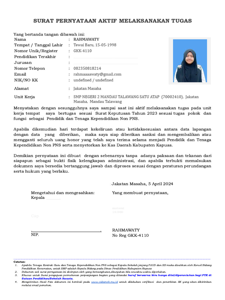 GKK-4110 Rahmawaty SMP Negeri 2 Mandau Talawang Satu Atap Samt 2024 | PDF