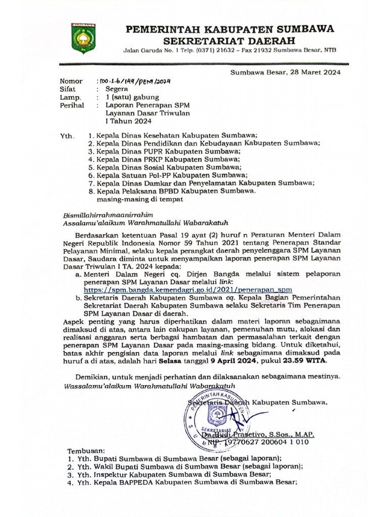 Surat Laporan SPM Triwulan I | PDF