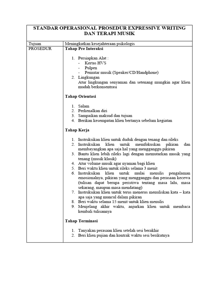 Standar Operasional Prosedur Expressive Writing Dan Terapi Musik | PDF