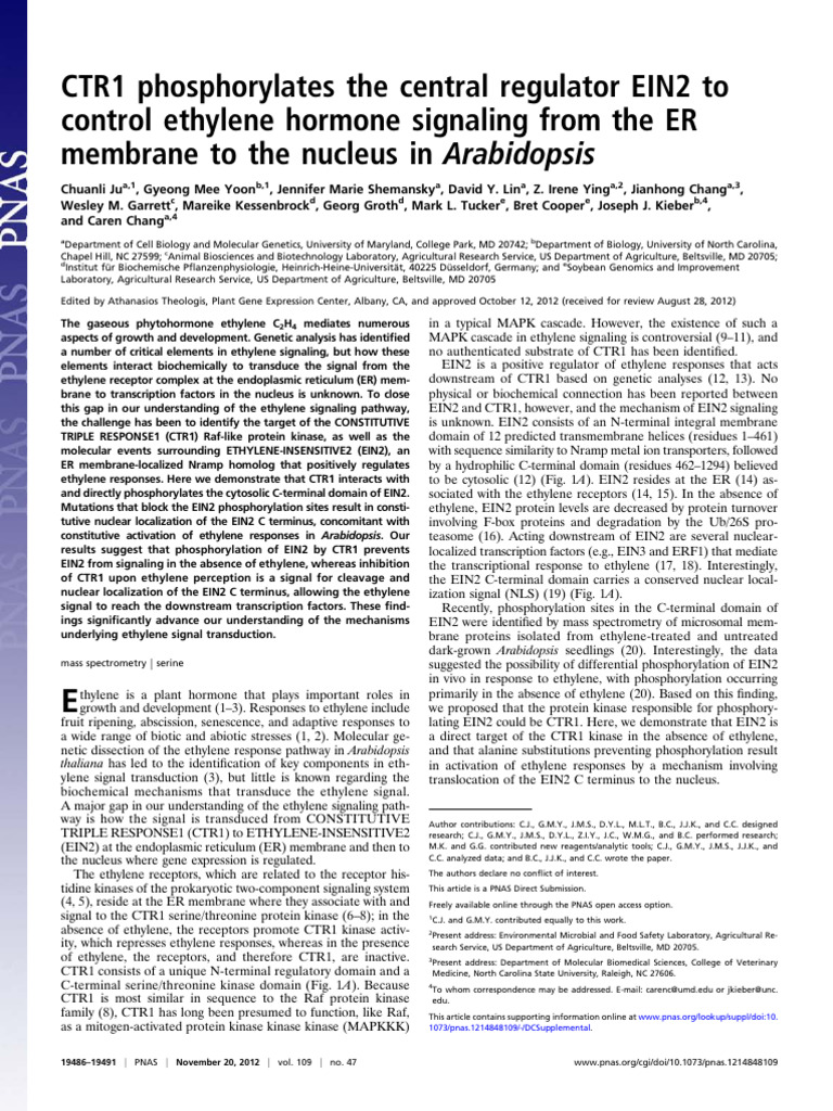 CTR1 Phosphorylates The Central Regulator EIN2 To Control Ethylene ...