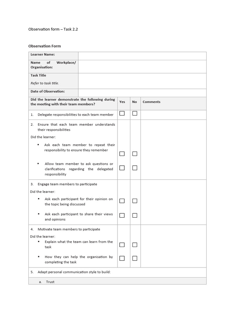 Observation Checklist - BSBLDR523Observation Form - BSBLDR523 | PDF ...