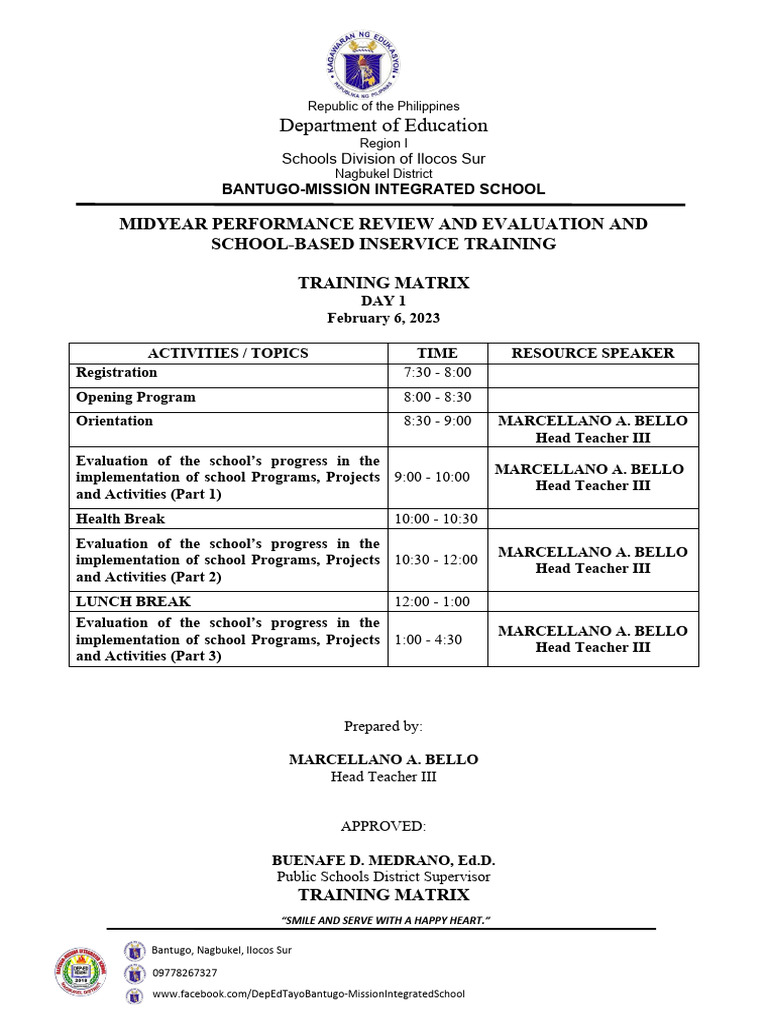 INSET-TRAINING-MATRIX-2023 Feb. 6-10 | PDF