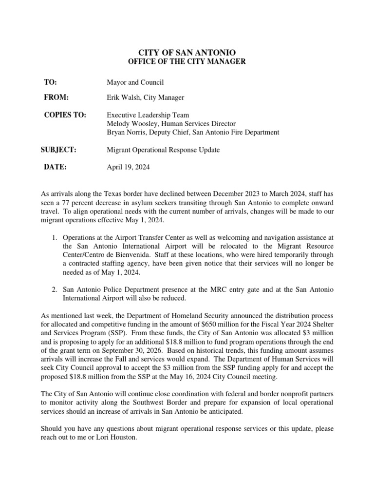 Migrant Operational Response Update | PDF | San Antonio | Immigration
