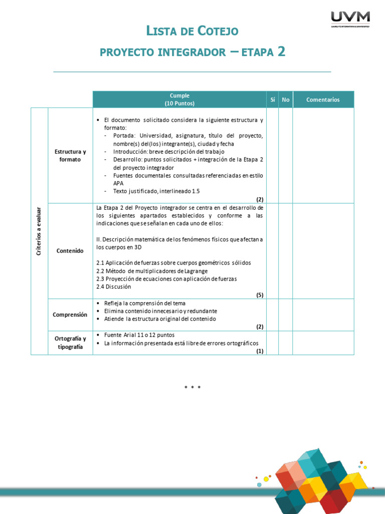 Lista de Cotejo: Proyecto Integrador 2 | PDF | Matemáticas