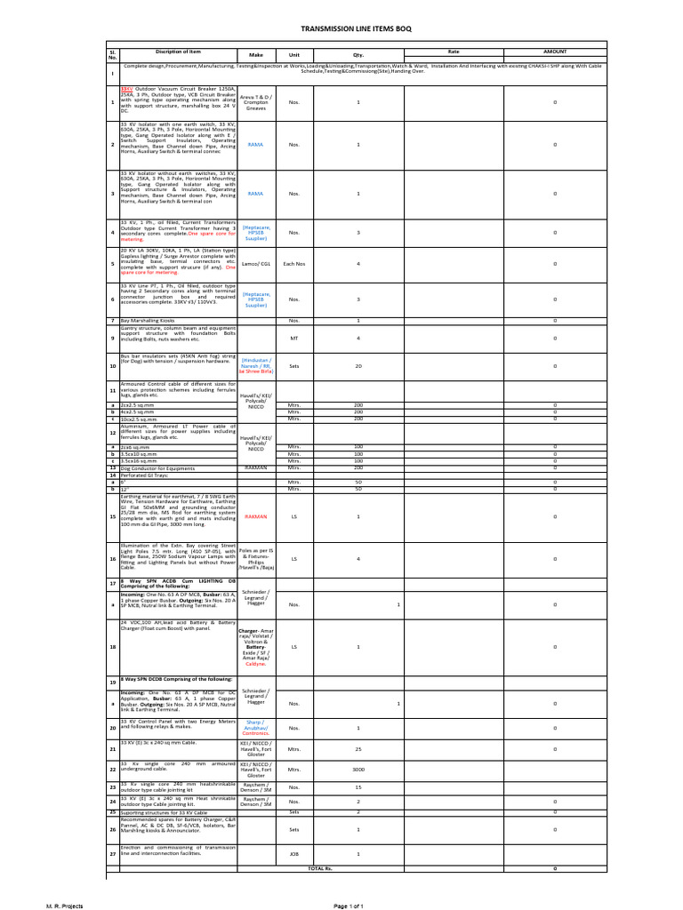 Transmission Line Items BOQ Overview | PDF | Switch | Insulator ...