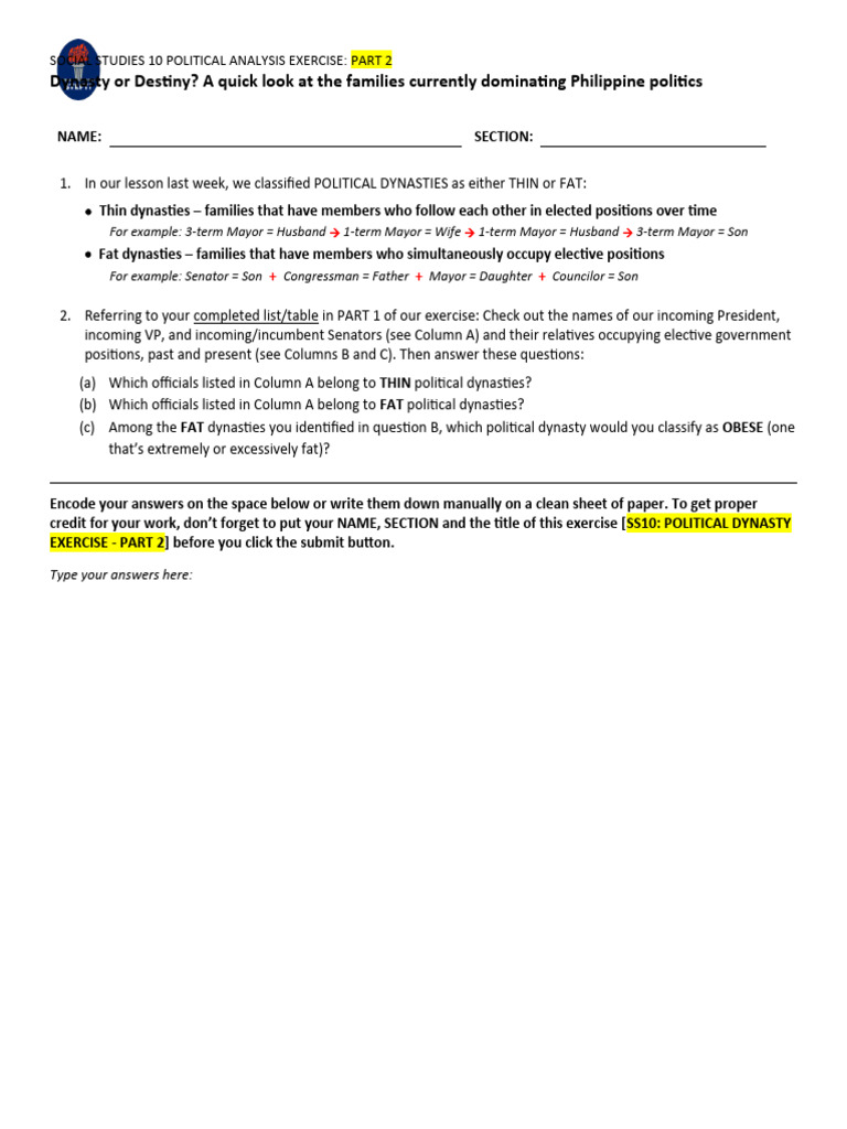 SS10 Exercise - Political Dynasties (PART 2) | PDF | Politics