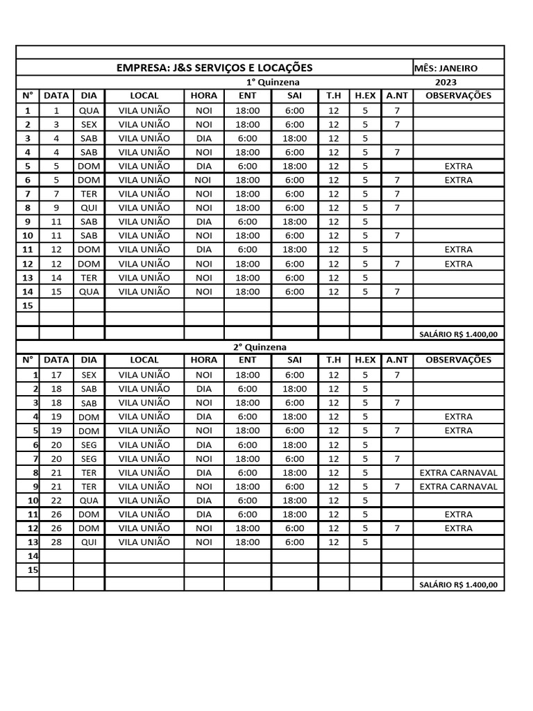 Tabela de Horas | PDF