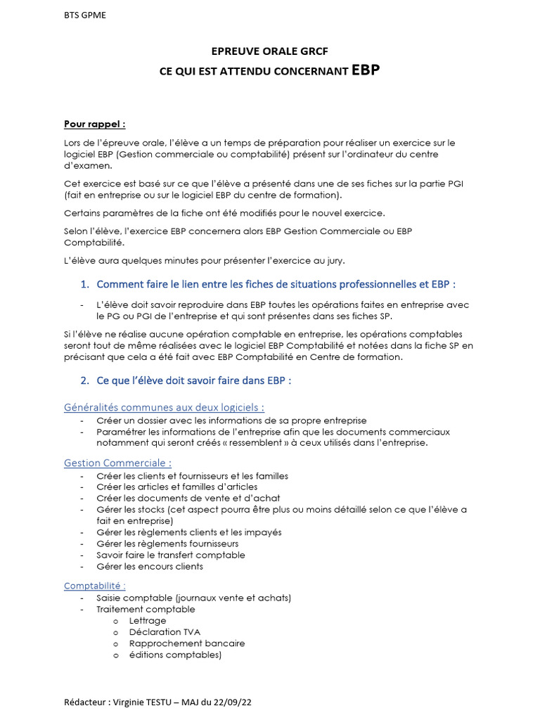 EBP : Attentes pour l'épreuve orale GRCF | PDF | Comptabilité | Facture