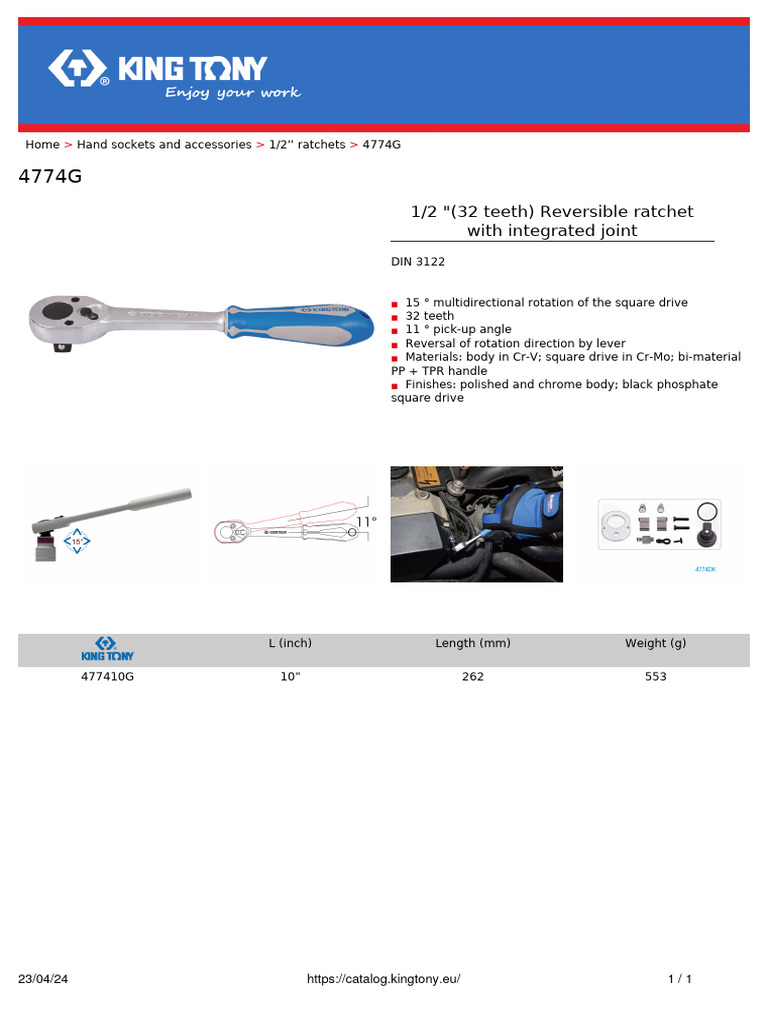 1/2" Reversible Ratchet 4774G Specs | PDF
