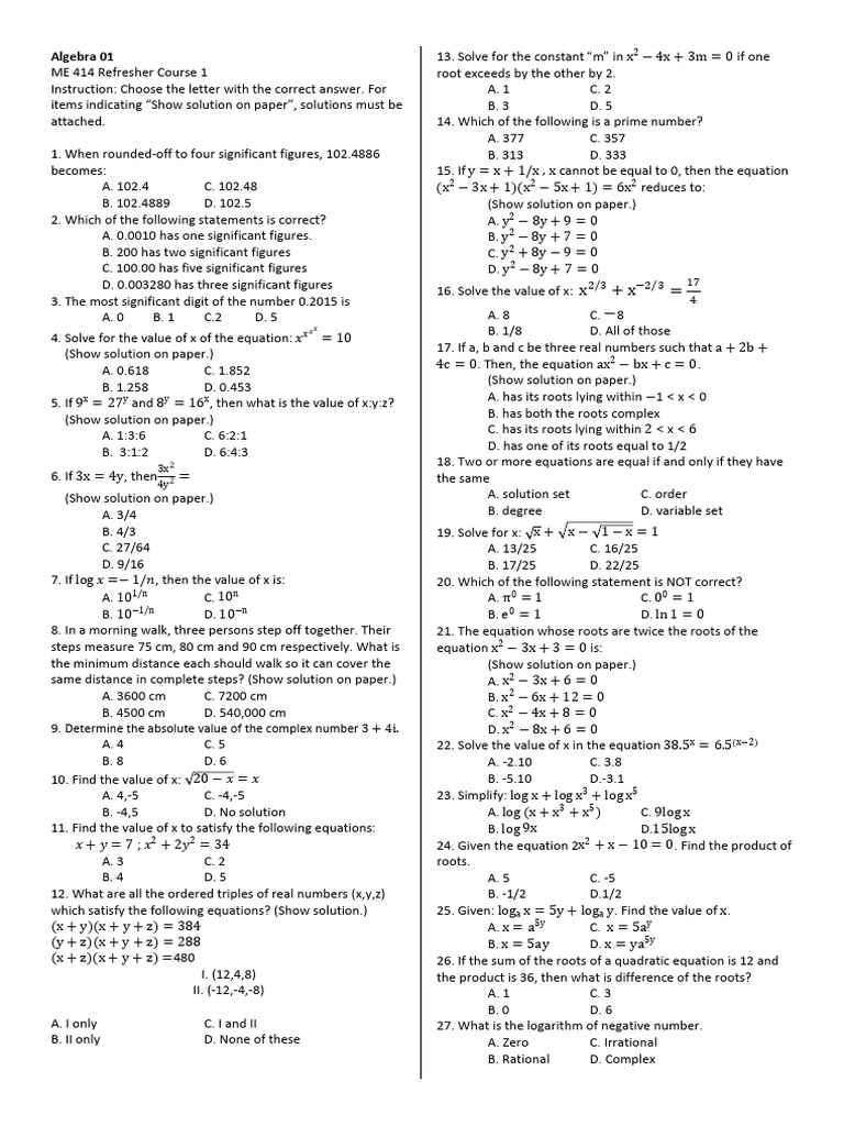 Algebra 01 | PDF | Complex Number | Equations