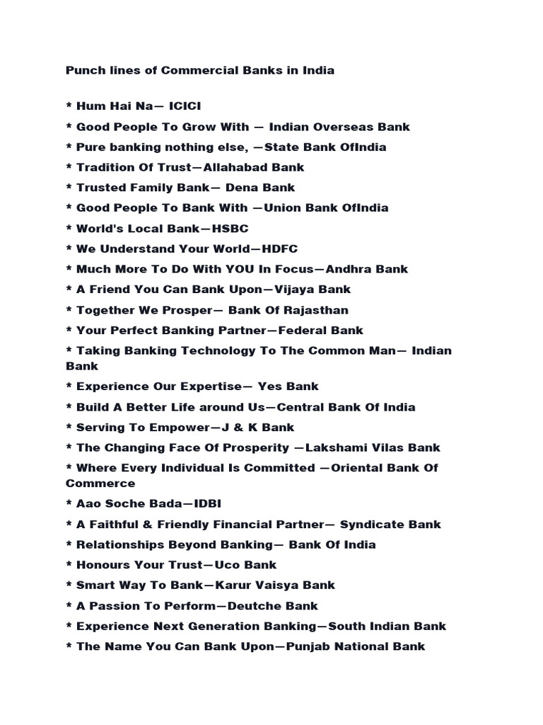 Punch Lines of Commercial Banks in India | PDF | Banks | Reserve Bank ...
