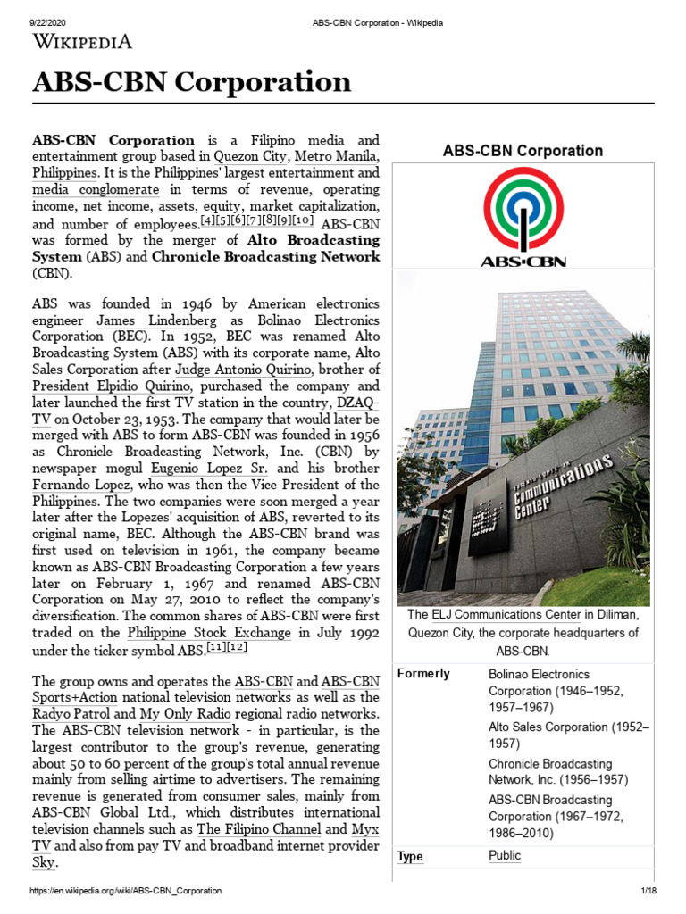 ABS-CBN Corporation - Wikipedia | PDF | Television | Companies Of The ...