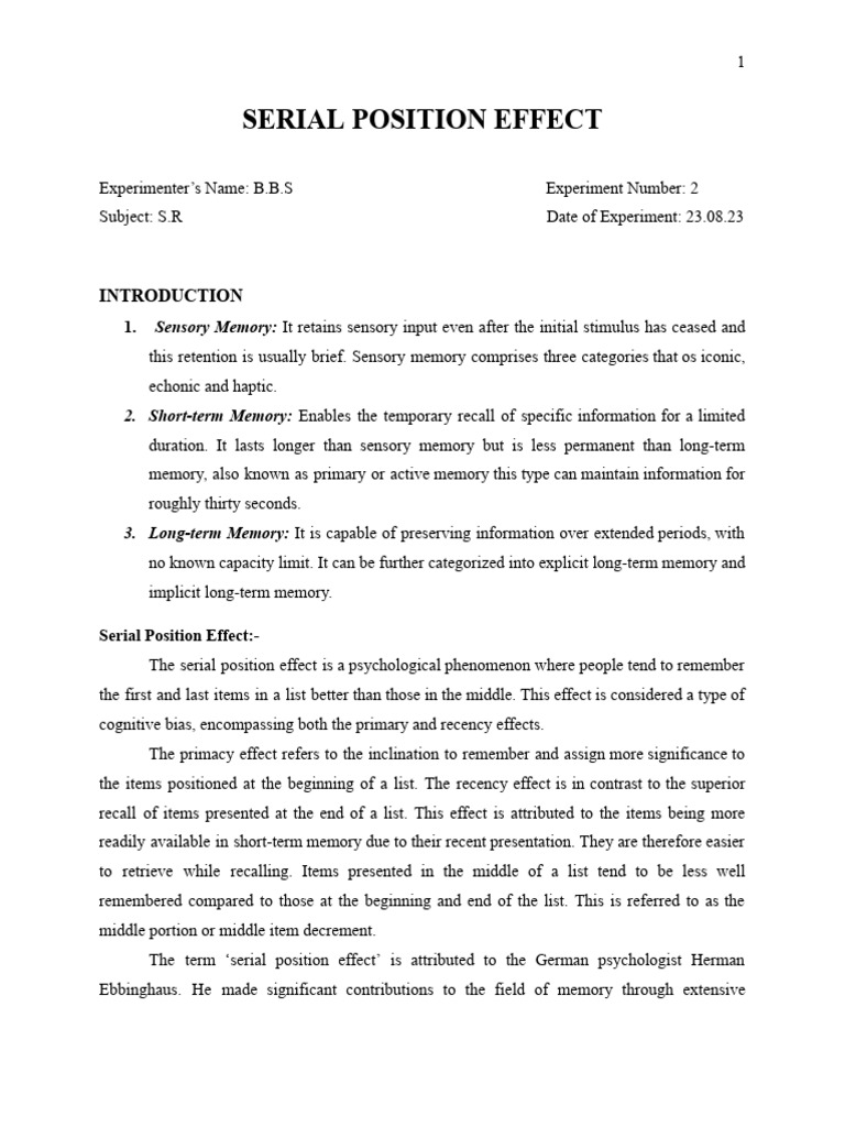 EXPERIMENT - 2 - Serial Position Effect | PDF | Psychology ...