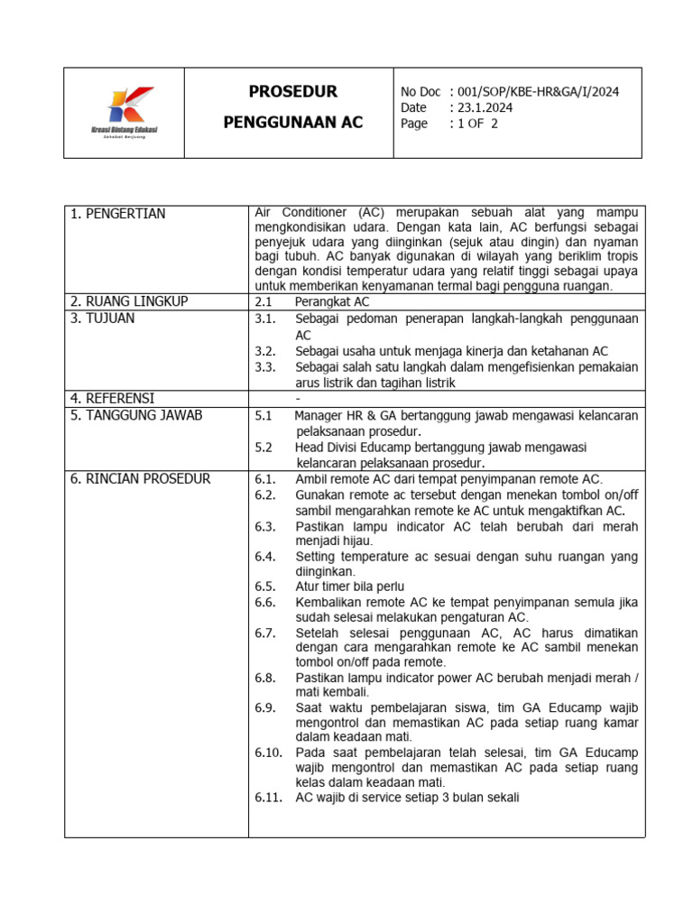 SOP 001 Tata Cara Pemakaian AC KBE | PDF