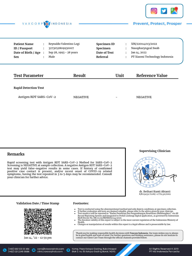 Antigen RDT SARS-CoV-2 Report XM - 220114013 - 2022 Reynaldo Valentino Legi | PDF | Medicine ...
