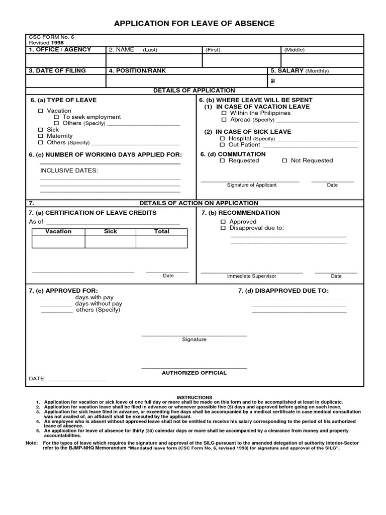CSC Form 6: Leave Application Guide | PDF | Sick Leave | Government
