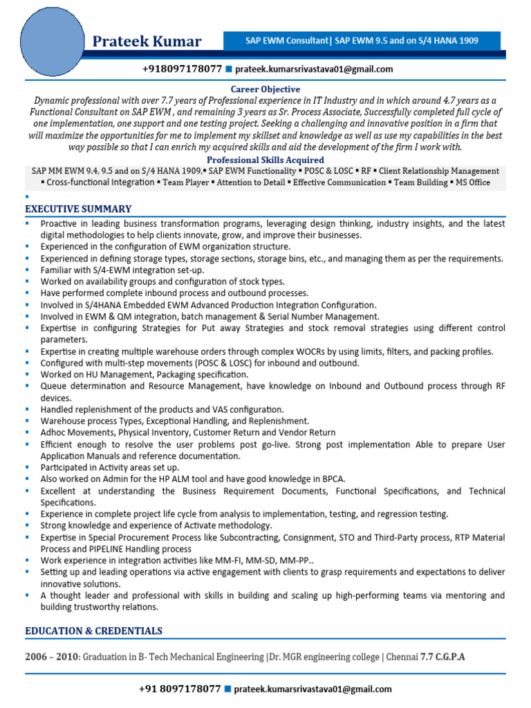 Prateek Kumar - SAP EWM Consultant - Technomech Placements | PDF ...