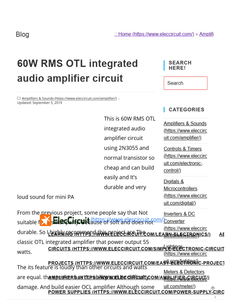 60W RMS OTL Integrated Audio Amplifier Circuit | PDF | Amplifier ...