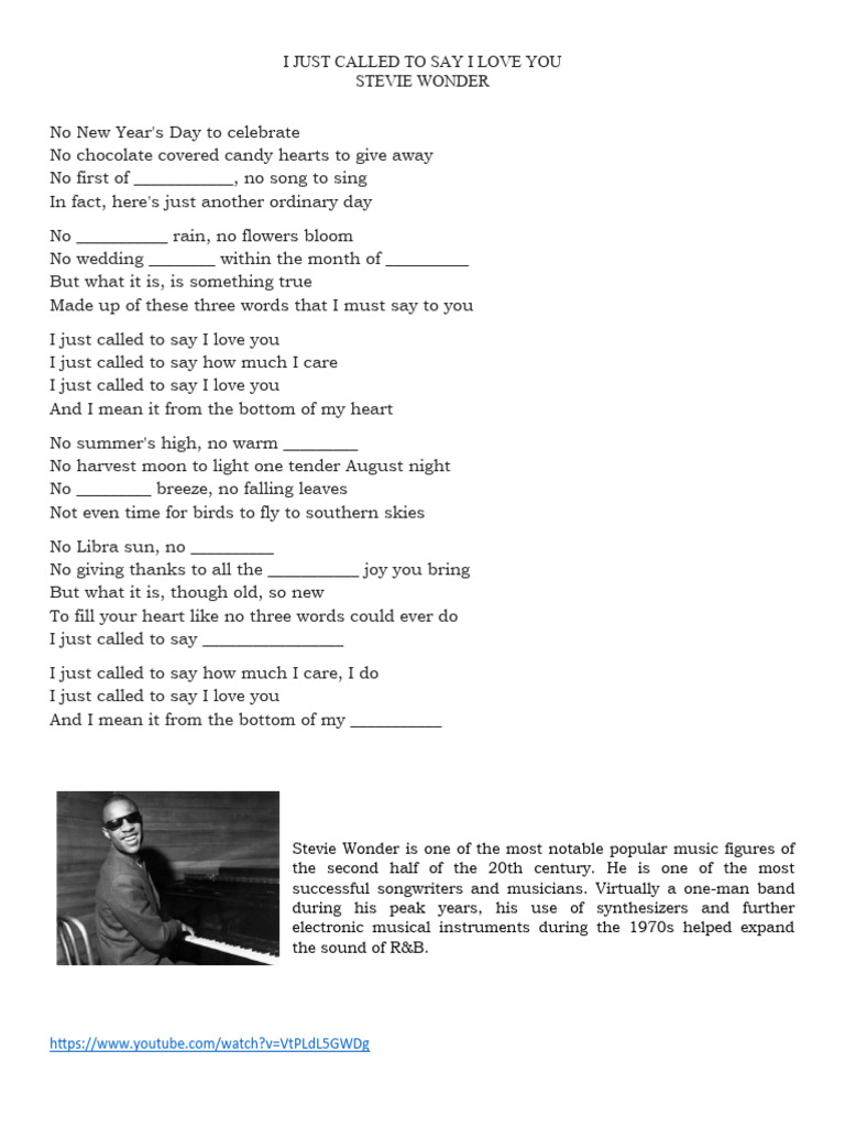 I JUST CALLED TO SAY I LOVE YOU Worksheet | PDF | Art