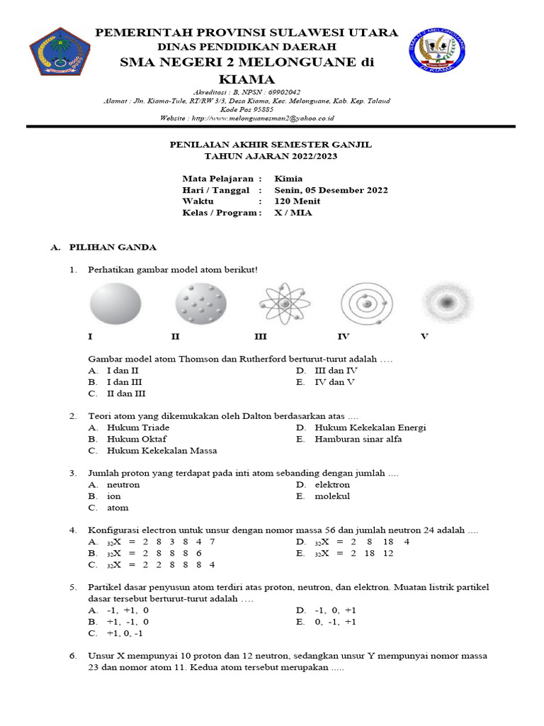 Soal Pas Ganjil Kimia KLS X Ta. 2022-2023 | PDF