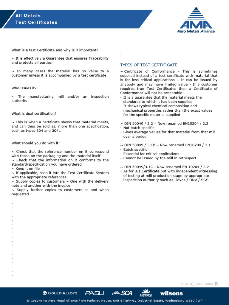 Aero Metal Alliance - All Metals Test Certificates - 54 | PDF ...
