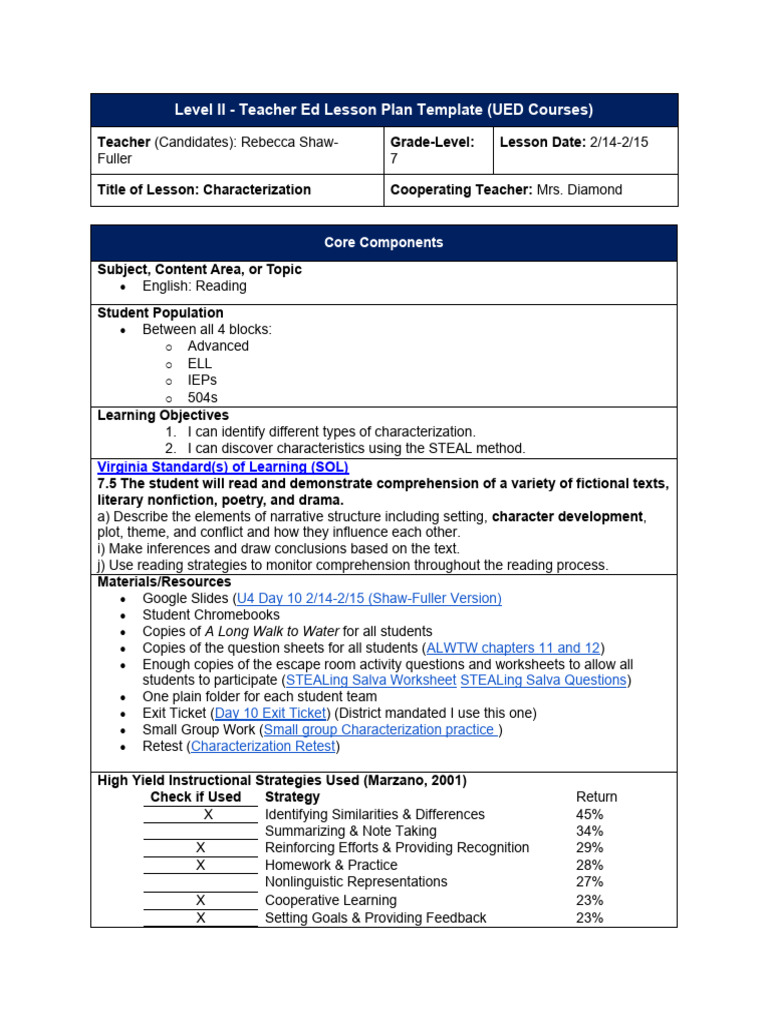 7th Grade Characterization Lesson Plan | PDF | Lesson Plan | Reading ...