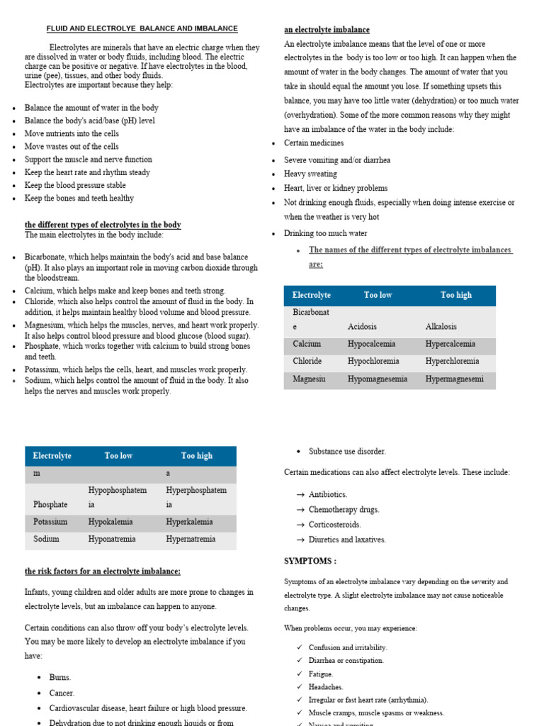 Fluid and Electrolye Balance and Imbalance | PDF | Electrolyte ...