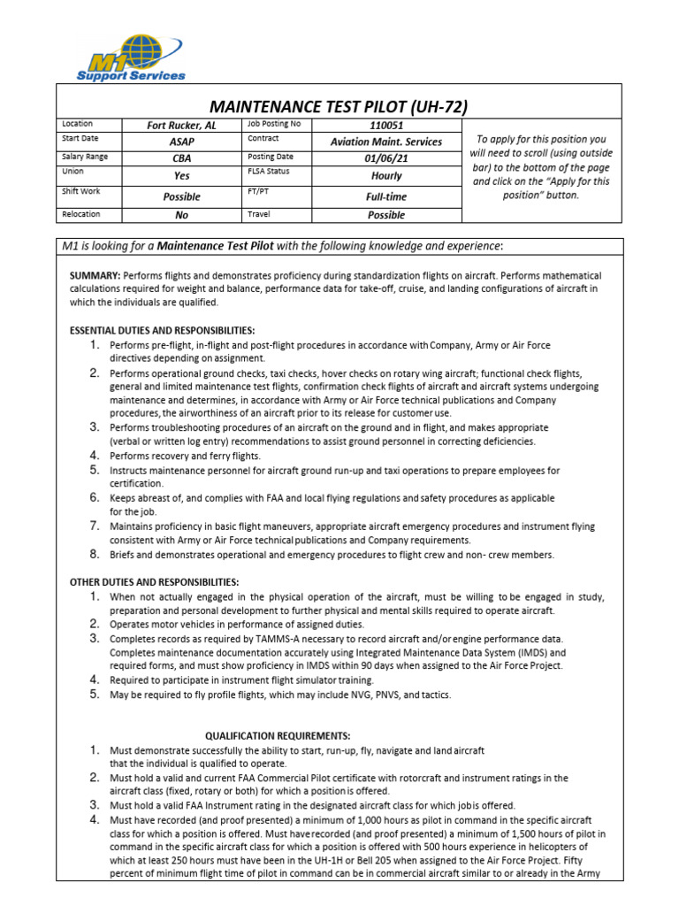 UH-72 Maintenance Test Pilot Job | PDF | Aircraft | Instrument Flight Rules